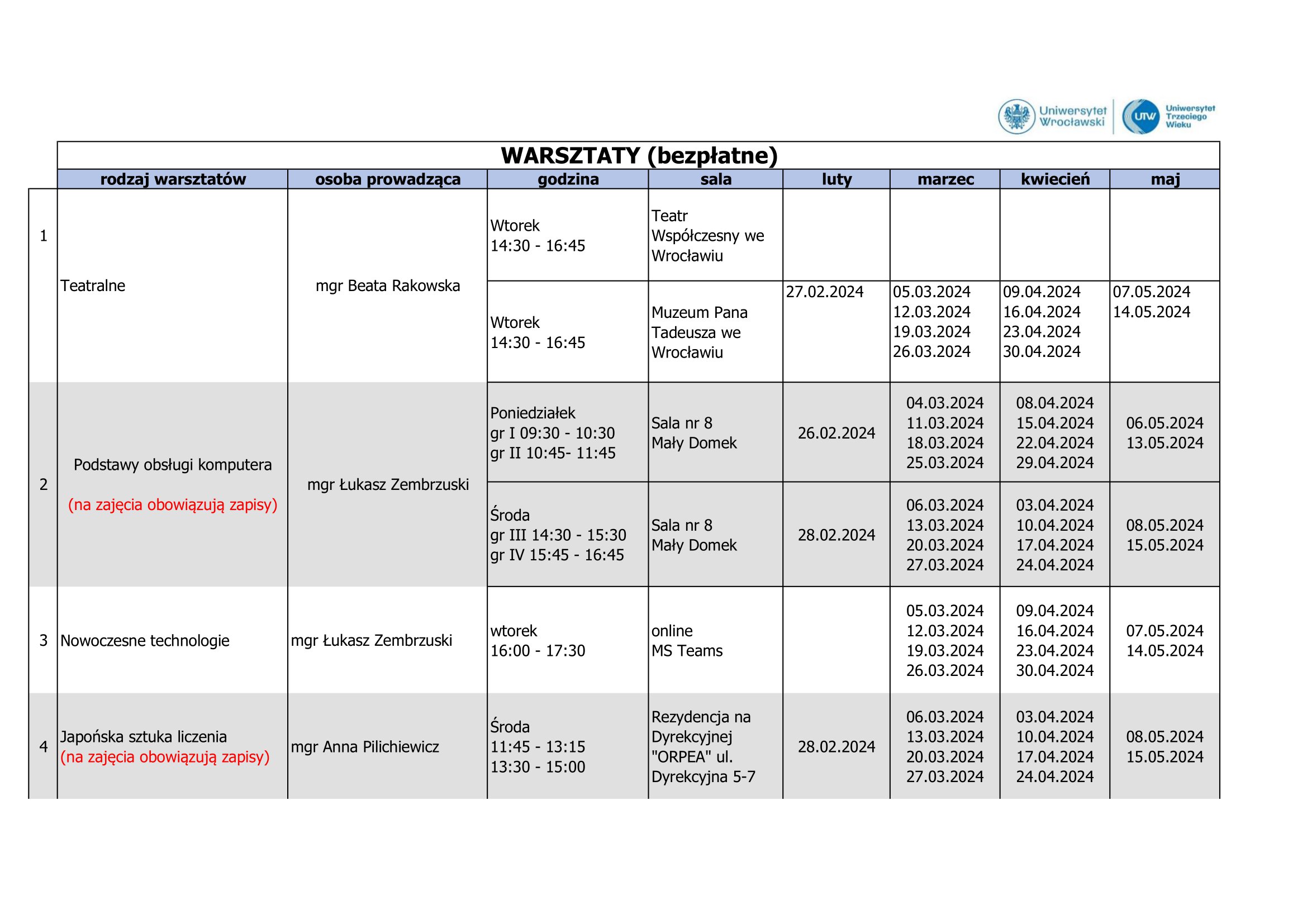 Harmonogram - Uniwersytet Trzeciego Wieku