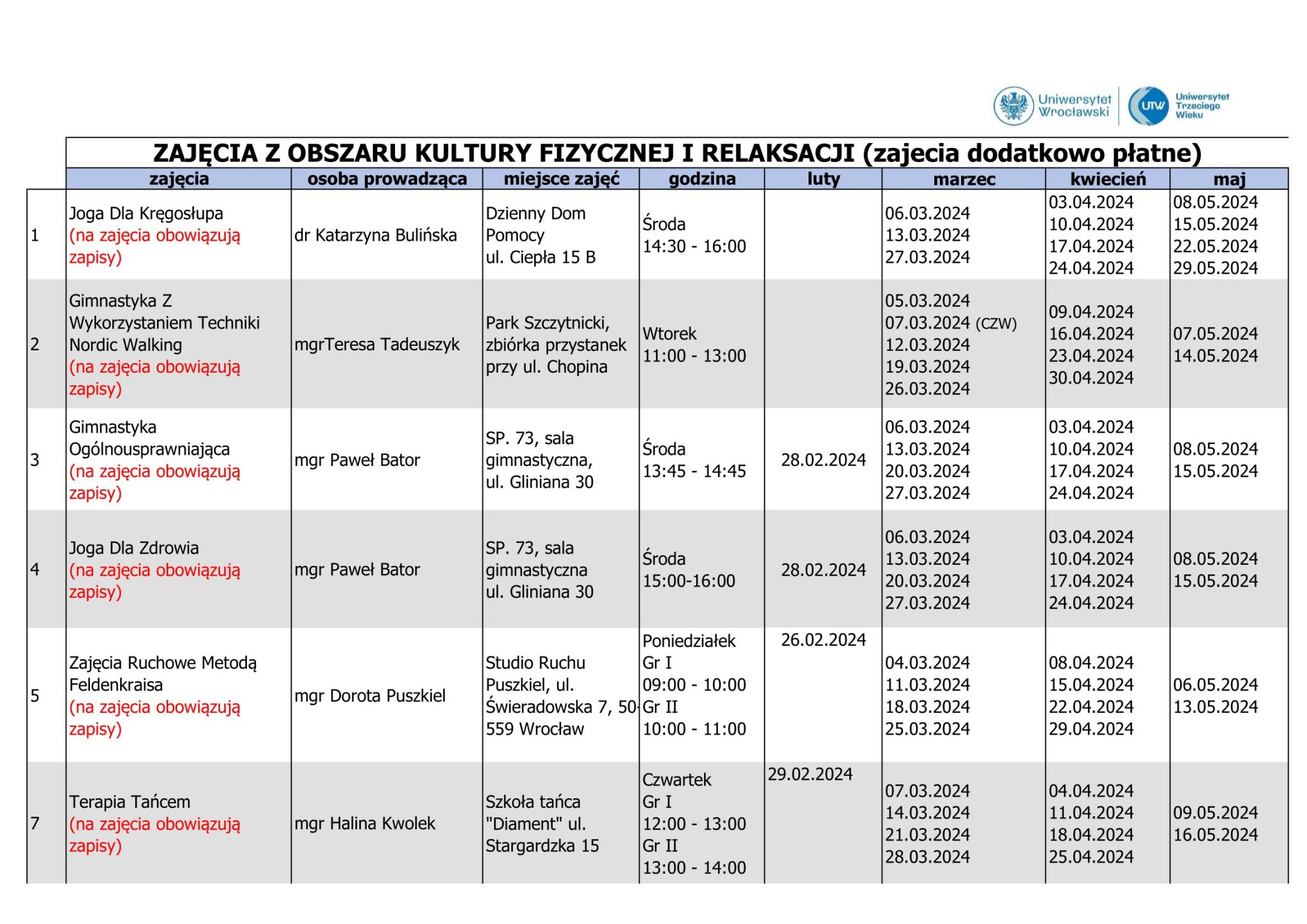Harmonogram - Uniwersytet Trzeciego Wieku